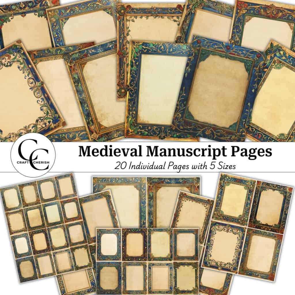 20 Blue Medieval Illuminated Manuscript Pages for Junk Journals ...