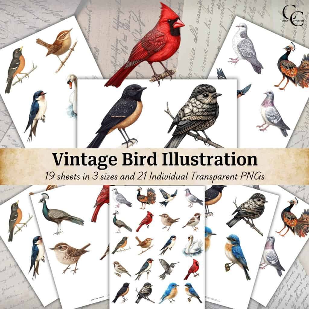 21 Vintage Bird Illustration, Hand-Colored Bird Ephemera Sheet ...