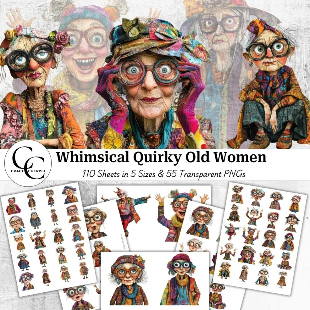 55 Whimsical Quirky Old Woman, Old Lady Mixed-Media, Transparent ...