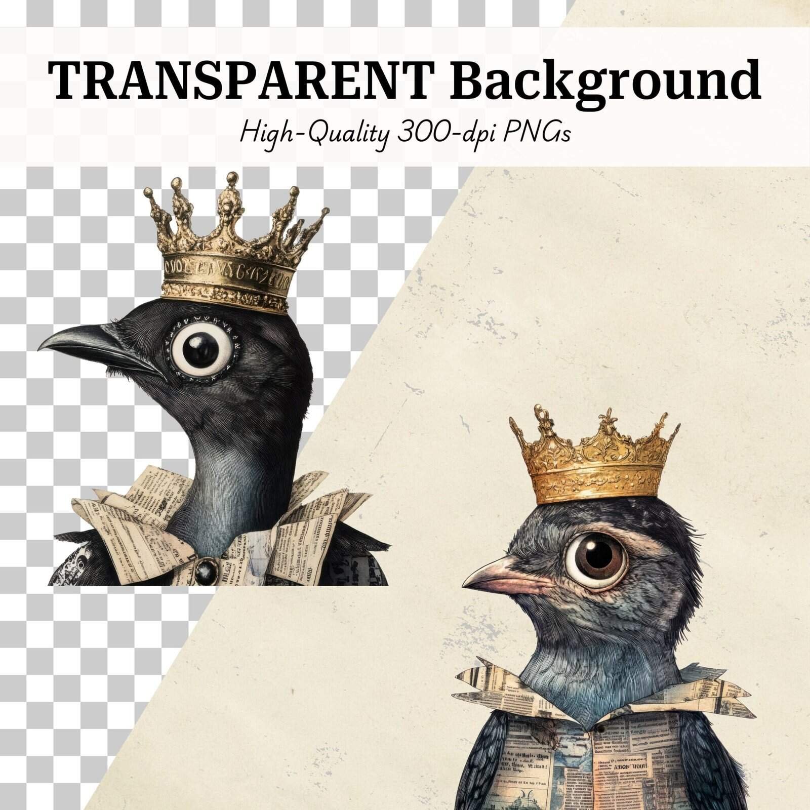 30 Whimsical Mixed-Media Bird Portraits with Gold Crown, Royal Bird ...