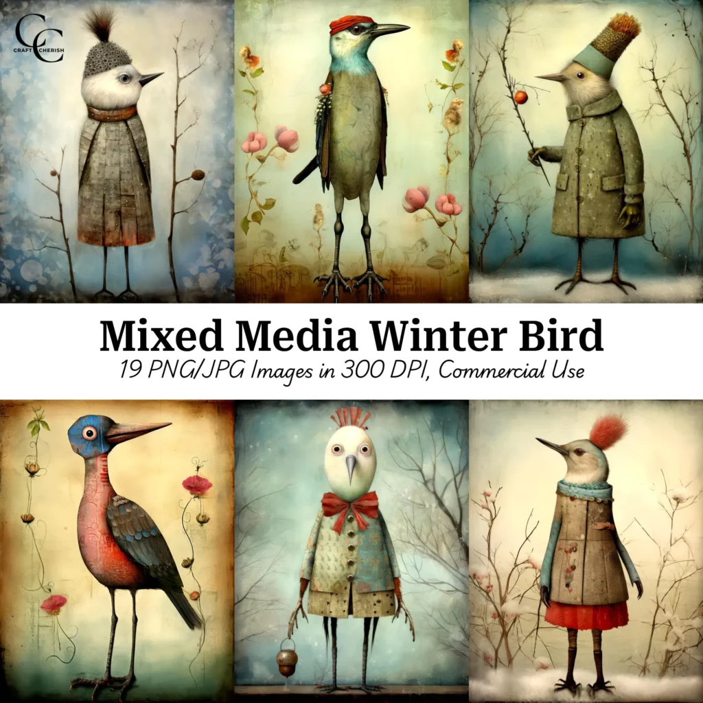 19 Whimsical Winter Birds Printable Images, Fantasy Bird Art, High ...