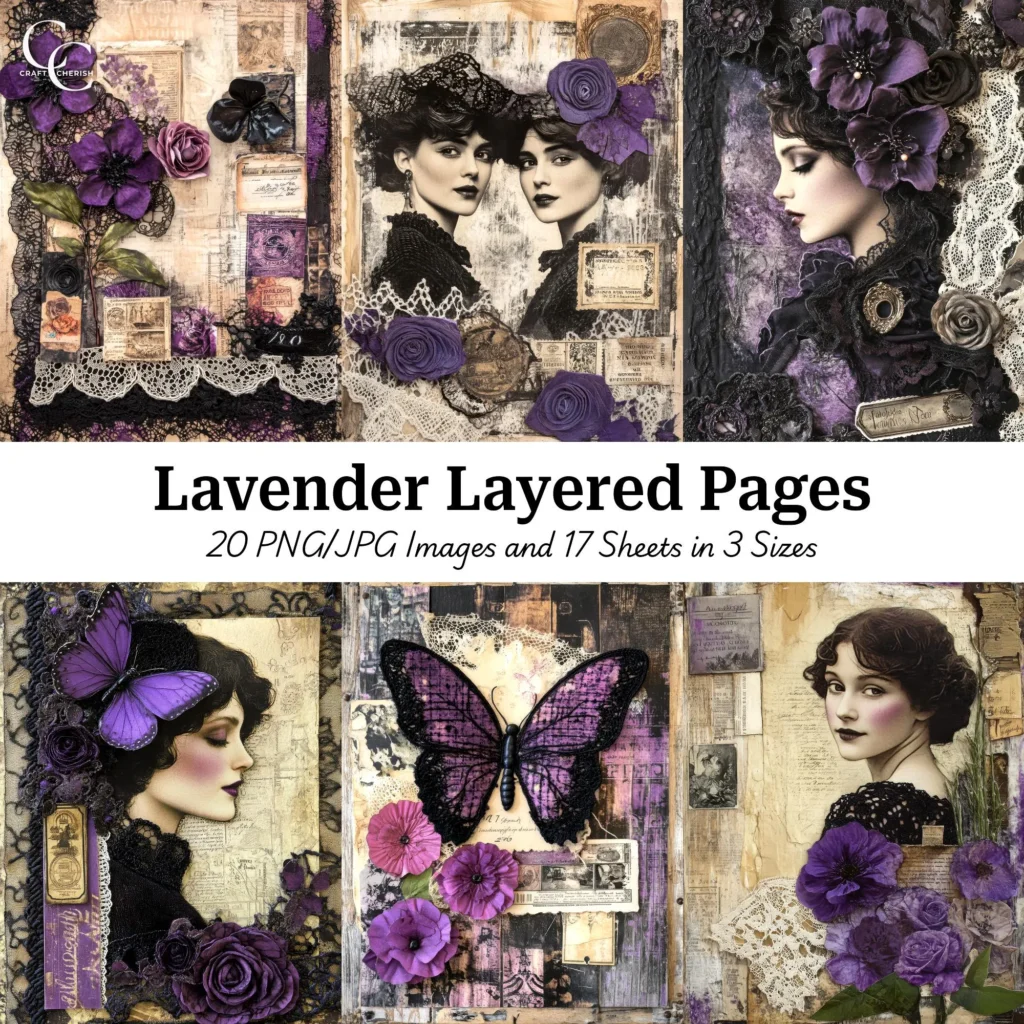20 Purple & Black Layered Mixed Media Journal Pages, Lavender Noir ...