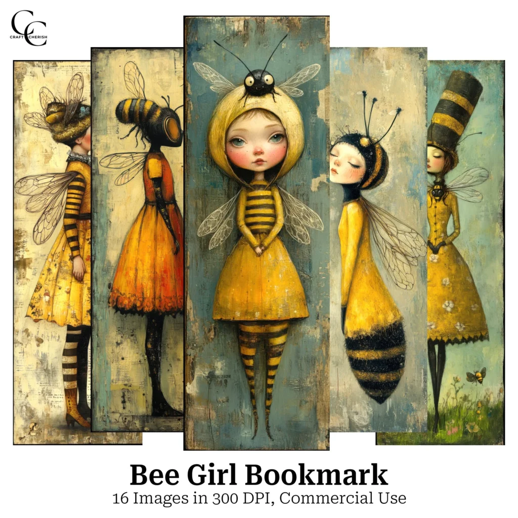 Bee Girl Digital Printable Bookmarks, Bumblebee & Feathered Girl Art ...