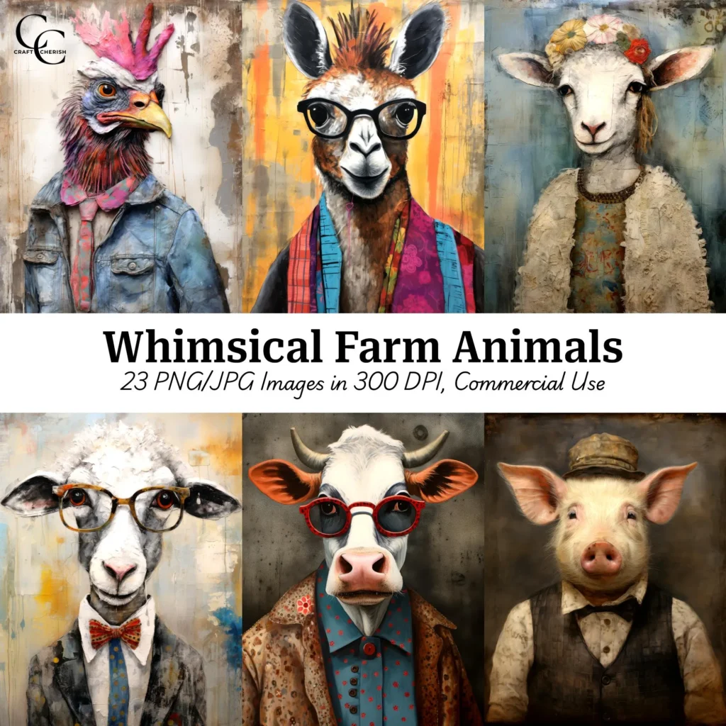 Farm Animals in Outfits Printable Images, Dressed-Up Mixed Media Animal ...