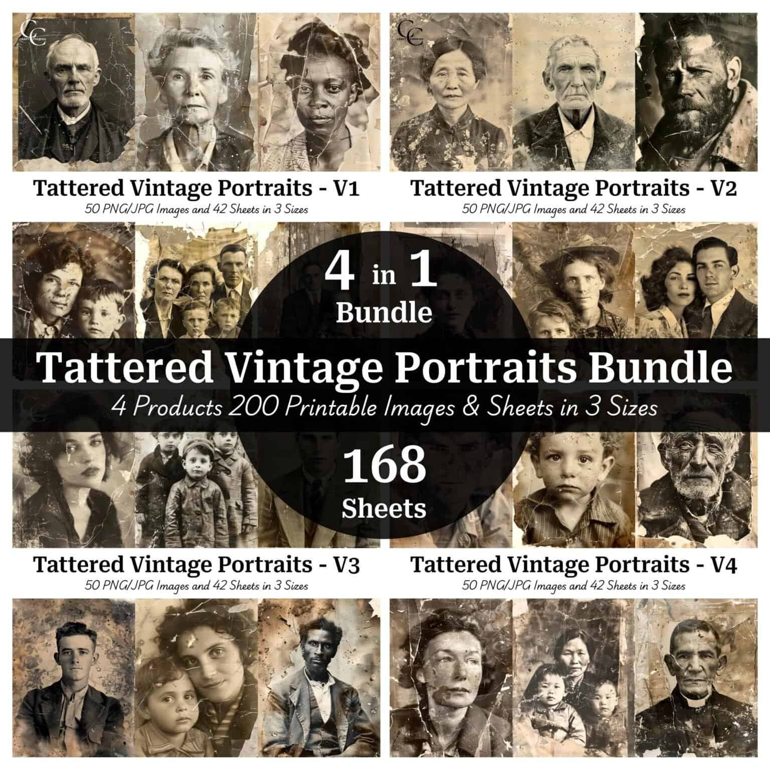 Tattered Vintage Portraits Bundle, Vintage People Images for Collage ...