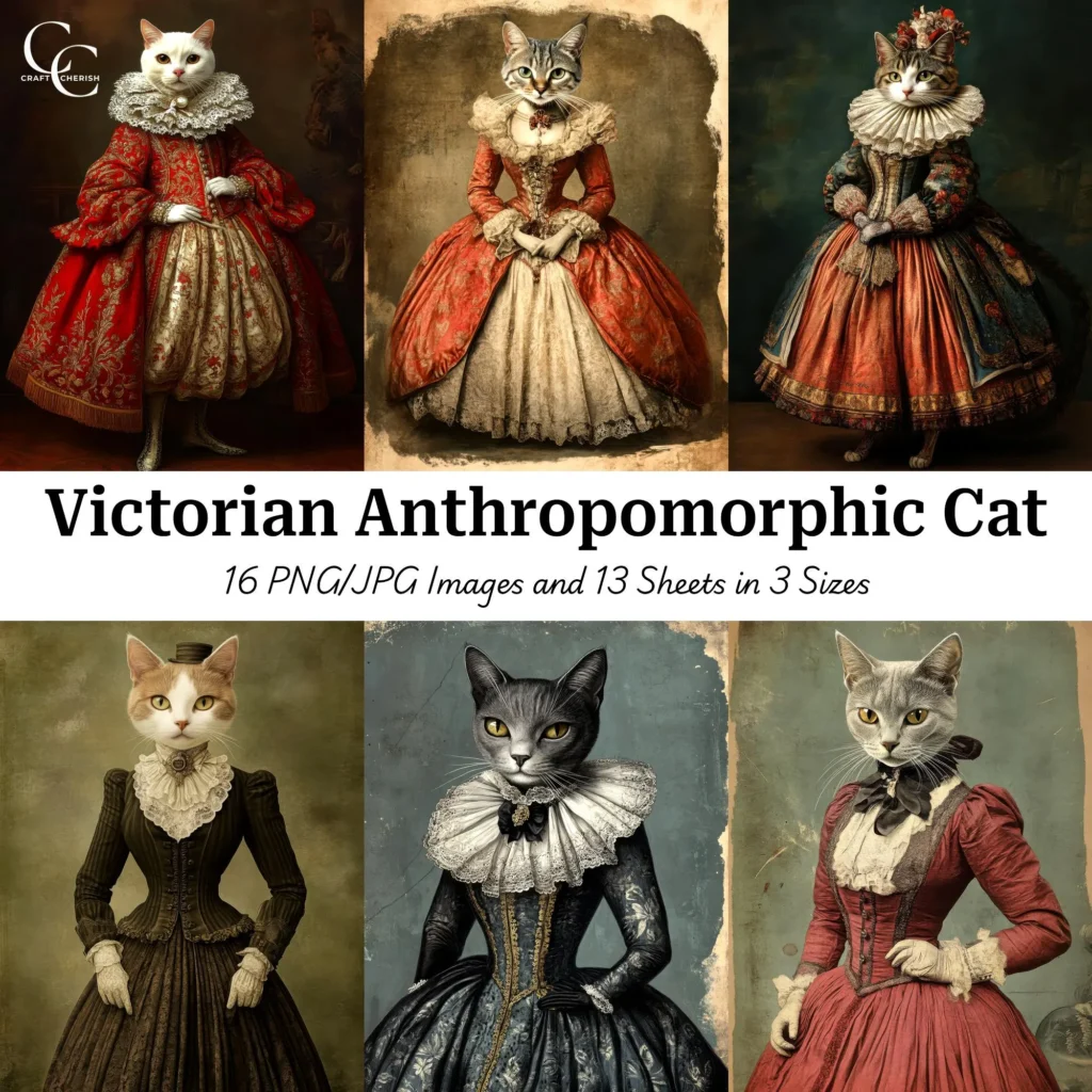 Victorian Anthropomorphic Cat Printable Images, Elegant Cat Ladies in ...