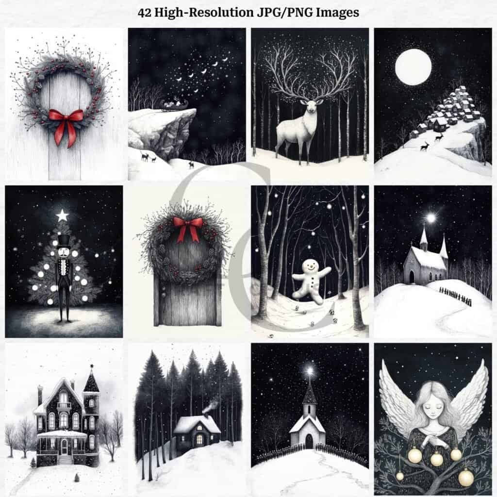 Black & White Christmas Clipart Bundle – Vintage Holiday Illustrations ...