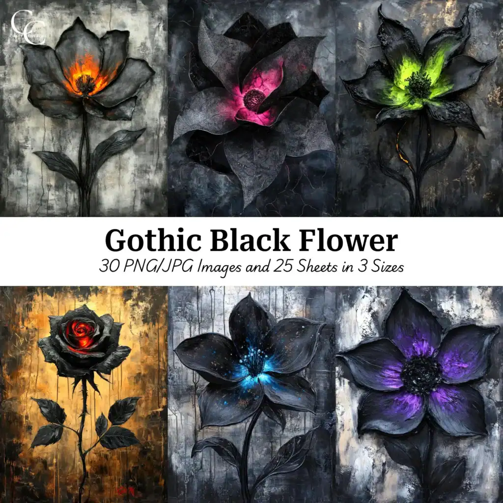 Gothic Black Flower Clipart Images – Whimsical Dark Floral Digital Art ...